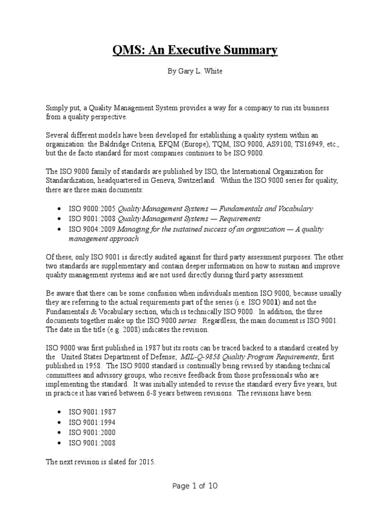 QMS-An Executive Summary | PDF | Iso 9000 | Audit