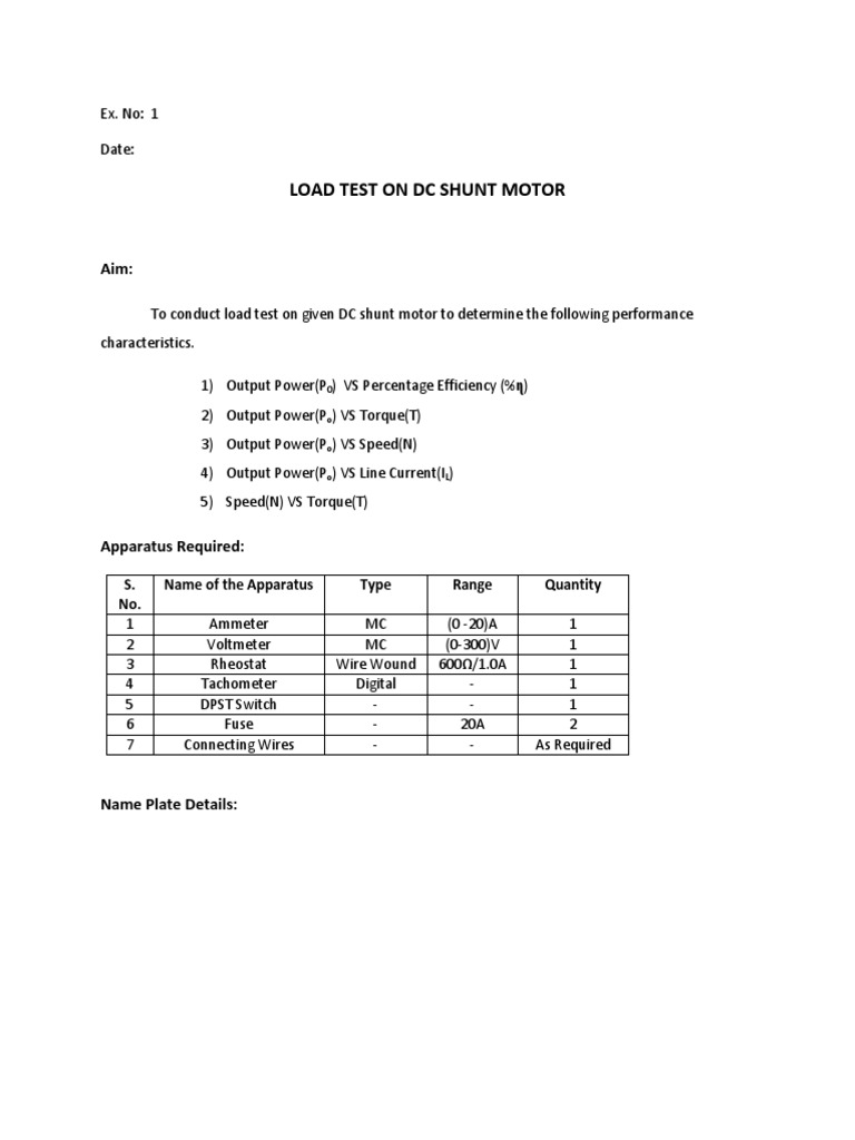 1.load Test On DC Shut Motor | PDF | Belt (Mechanical) | Electrical ...