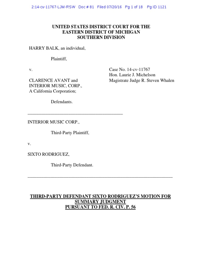 Sixto Rodriguez Motion For Summary Judgment | PDF | Summary Judgment | Default Judgment