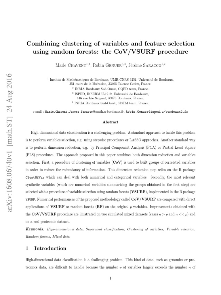 Combining Clustering of Variables and Feature Selection Using Random Forests: The Cov/Vsurf ...