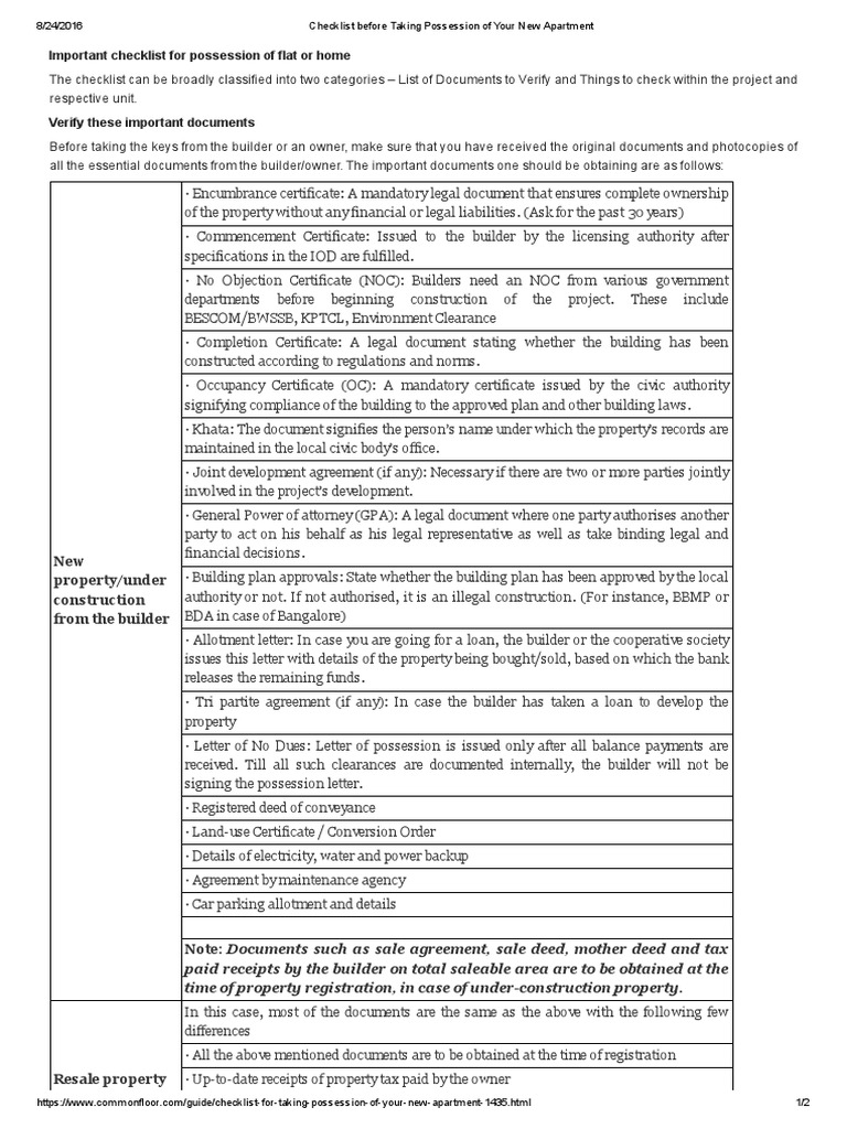 Checklist Before Taking Possession of Your New Apartment | PDF | Deed | Bathroom