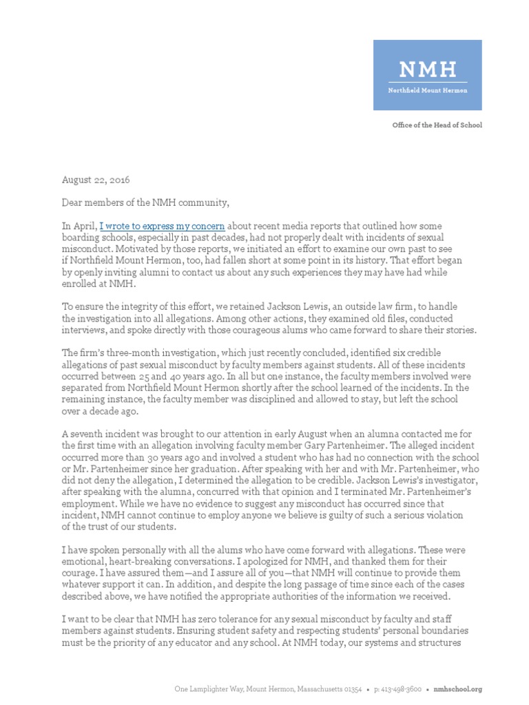 NMH Addresses Past Misconduct Allegations | PDF | Violence | Abusive ...
