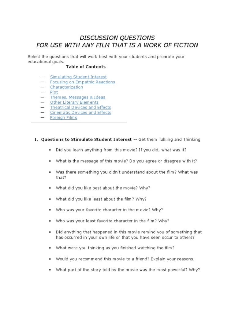 Film Discussion Questions Guide | PDF | Plot (Narrative) | Narration