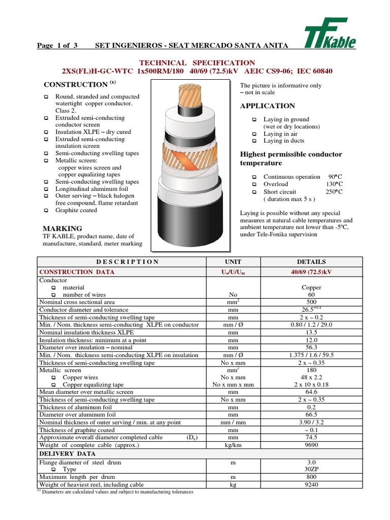 2xs (FL) H-GC-WTC 1x500rm-180 60kv Iec 60840 - Aeic Cs9-06 - Set ...