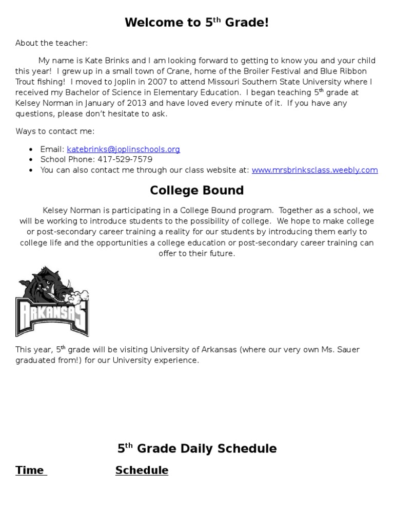 Welcome To 5 Grade!: Time Schedule | PDF | Homework | Teachers