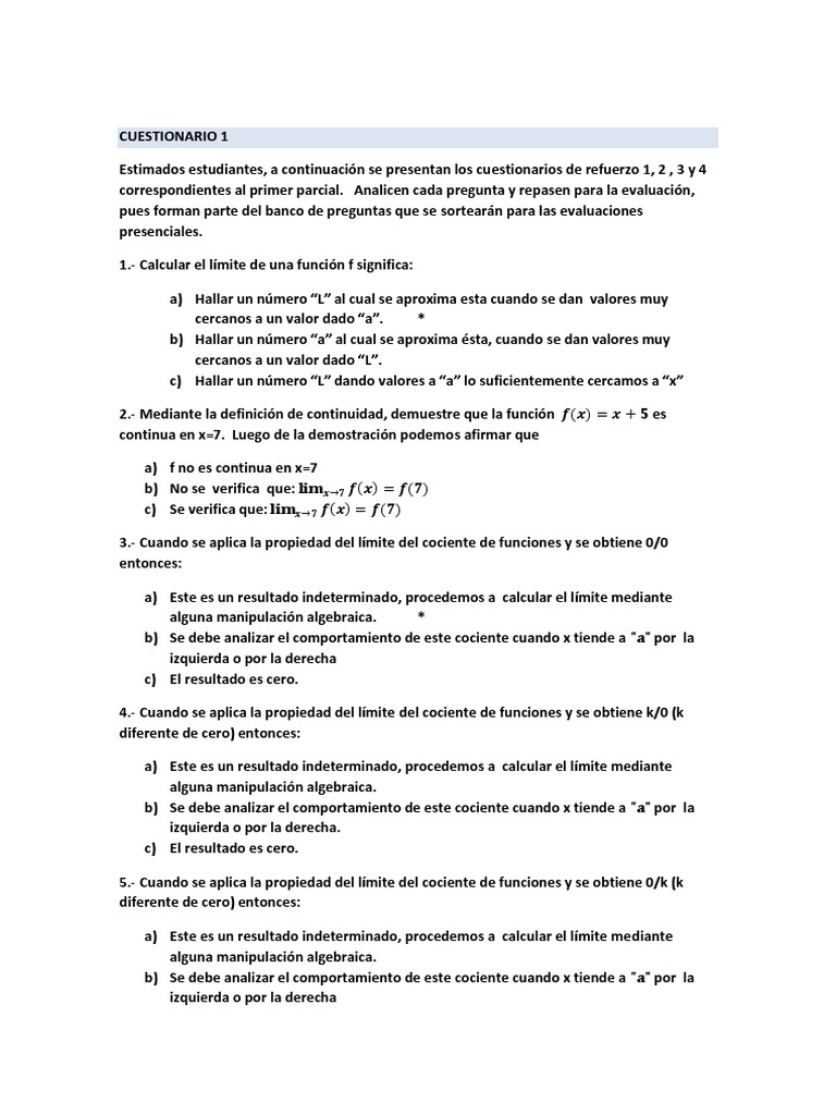 Cuestionario de Refuerzo 1,2,3,4 | PDF | Derivado | Pendiente