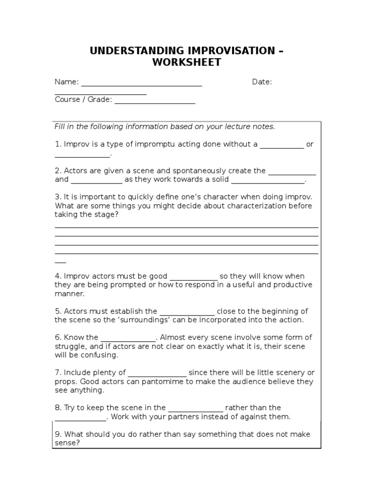 Understanding Improvisation - Worksheet | PDF | Actor | Improvisational ...