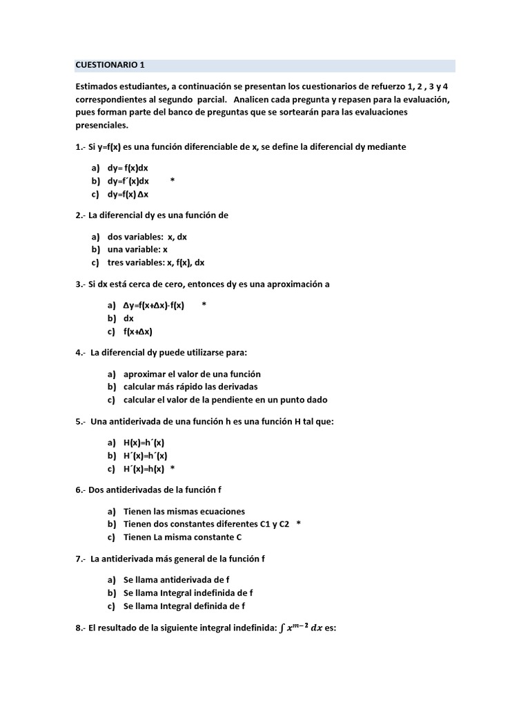 Cuestionario de Refuerzo 1,2,3,4 - 2P | PDF | Integral | Calculo ...
