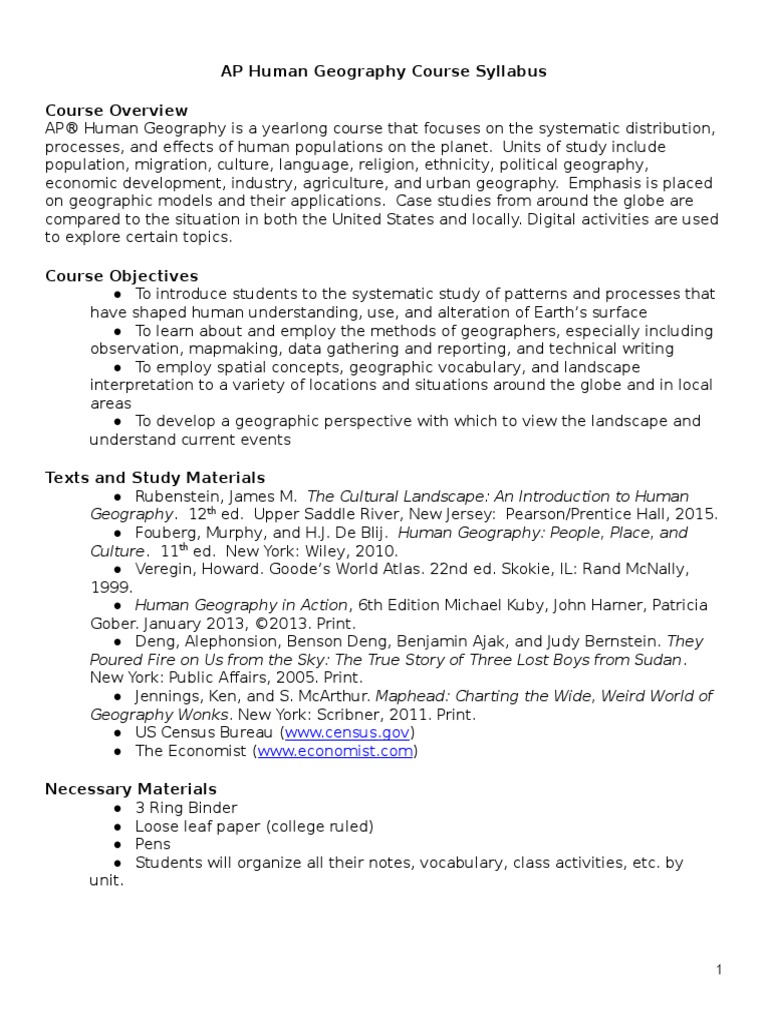 AP Human Geography Course Syllabus Course Overview | PDF | Test ...