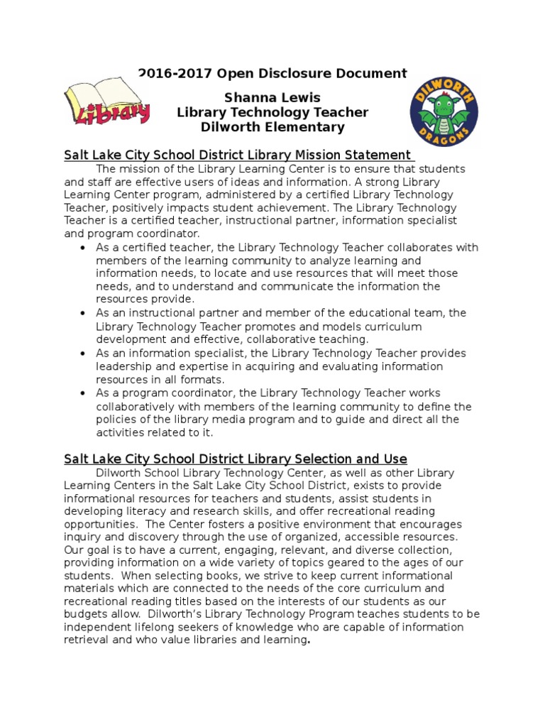 Open Disclosure Document 2016-2017 | PDF | Teachers | Libraries