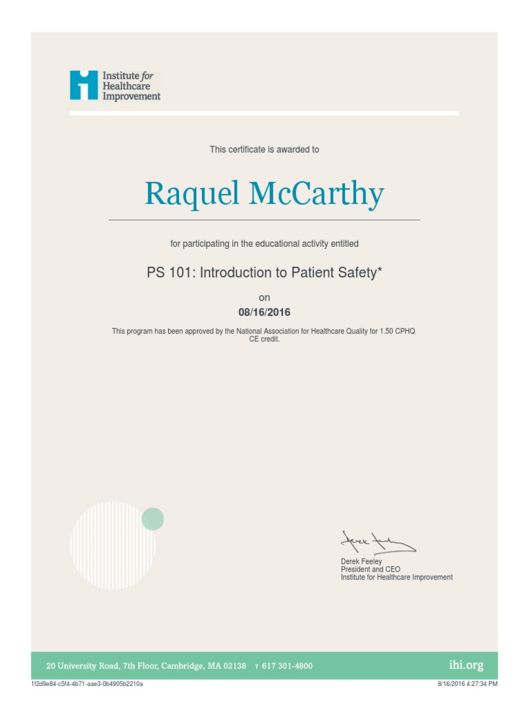 Certificates for Patient Safety Courses | PDF