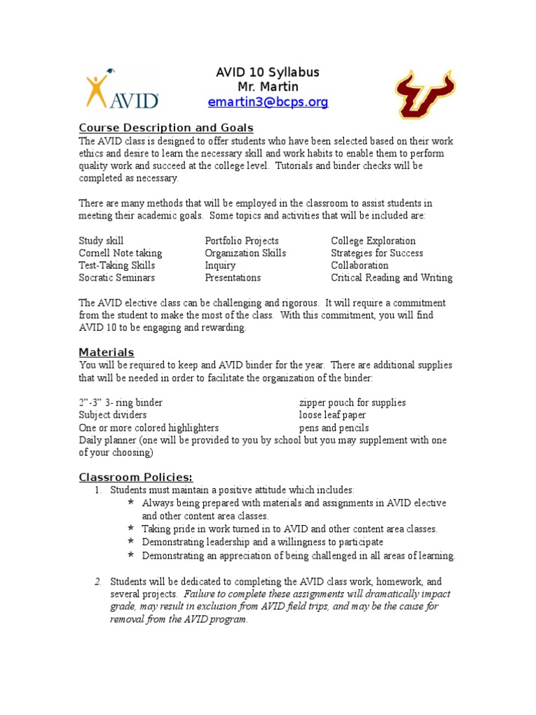 Avid 10 Syllabus | PDF | Syllabus | Homework