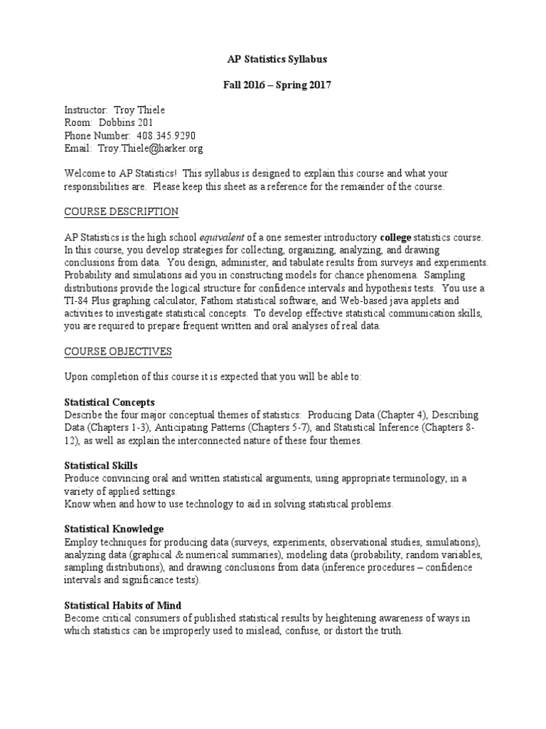 AP Statistics Syllabus Fall 2016 - Spring 2017 | PDF | Wellness