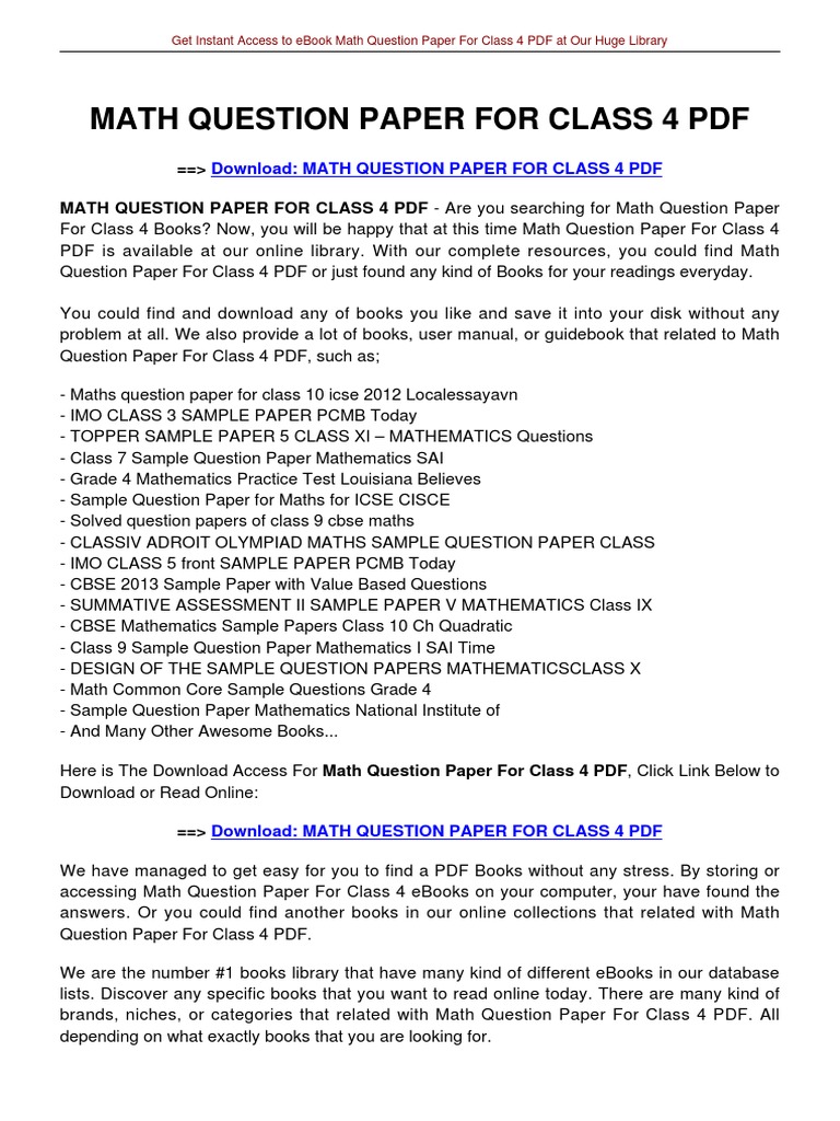 Maths Question Paper For Class 4 | PDF | E Books | Libraries