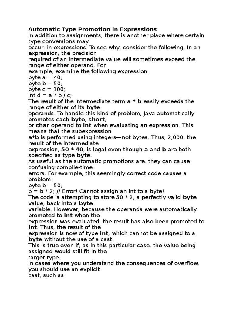 Automatic Type Promotion In Expressions In Java Pdf Integer Computer Science C 6246