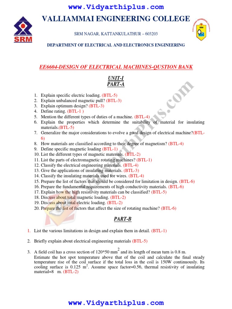 EE6604 Electrical Machine Design Questions | PDF | Transformer | Inductor