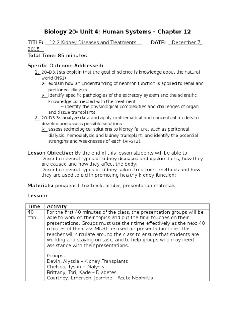 Dec 7 Lesson Plan | PDF | Dialysis | Kidney