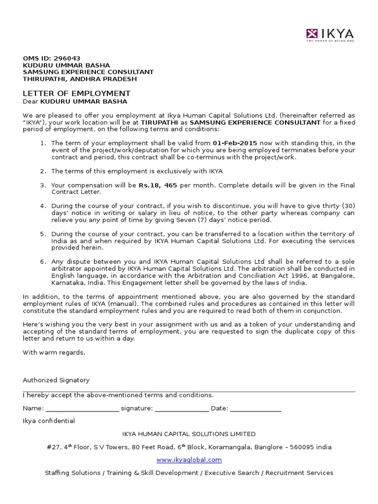 Samsung Experience Consultant Offer Letter | PDF | Finance & Money ...