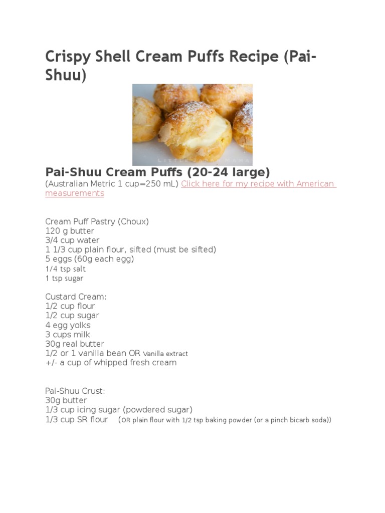Crispy Shell Cream Puffs Recipe | PDF | Custard | Butter