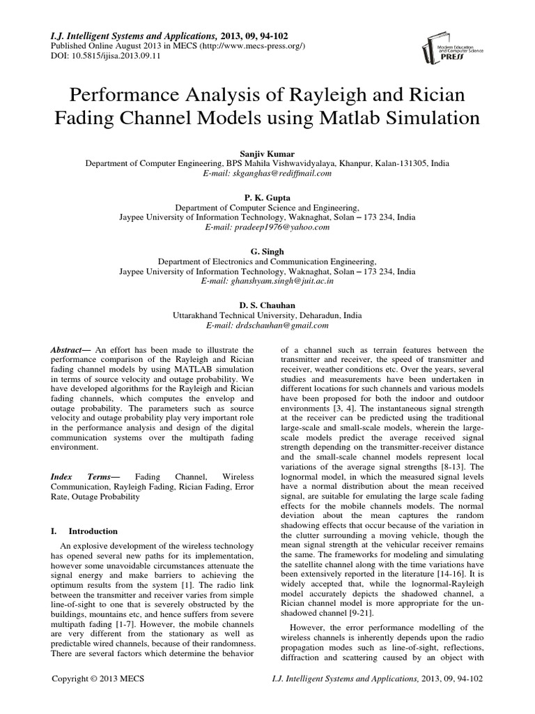 Performance Analysis of Rayleigh and Rician Fading Channel Models Using ...