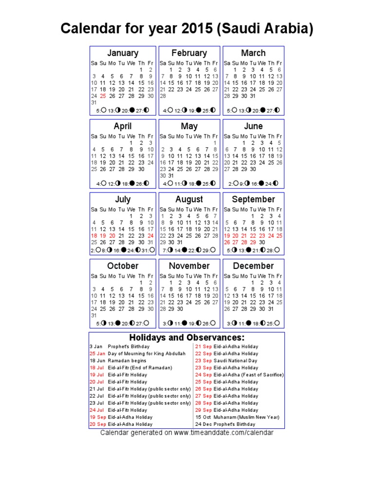 Year 2015 Calendar - Saudi Arabia | PDF