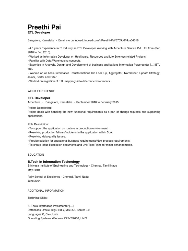 Preethi Pai: ETL Developer | PDF
