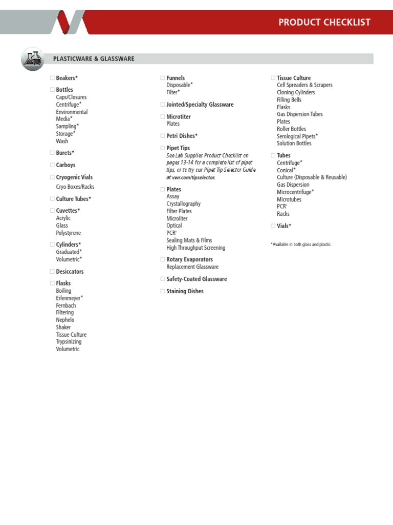 Product Checklist: Plasticware & Glassware | PDF