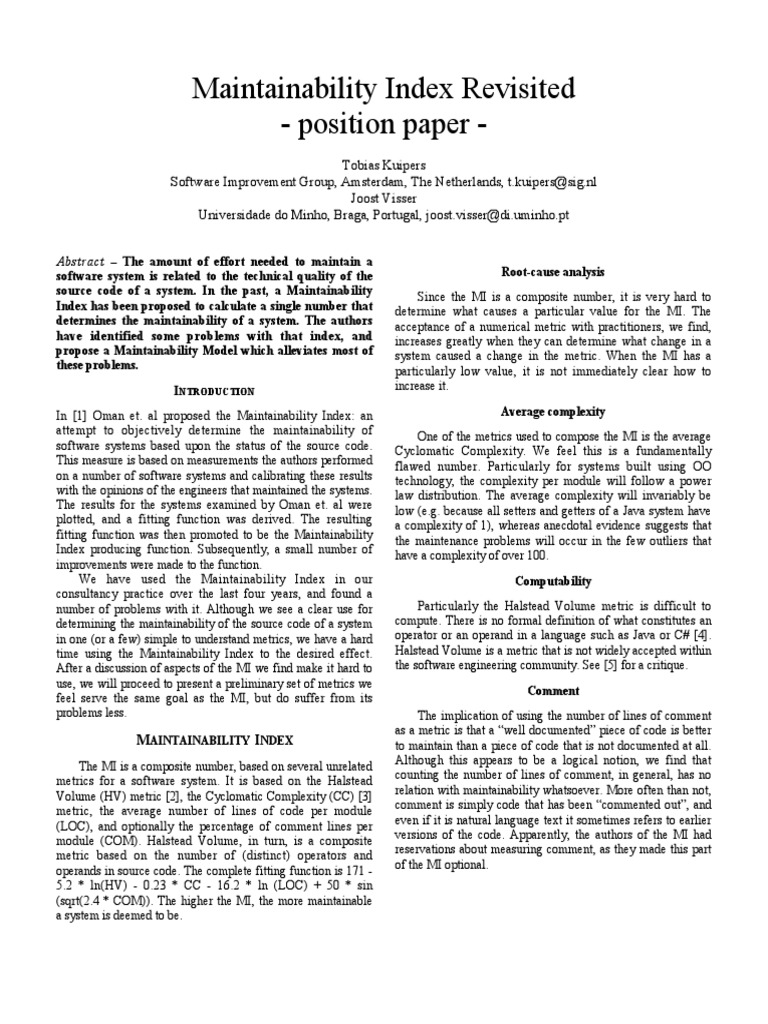 Maintainability Index Revisited | PDF | Source Code | Modular Programming