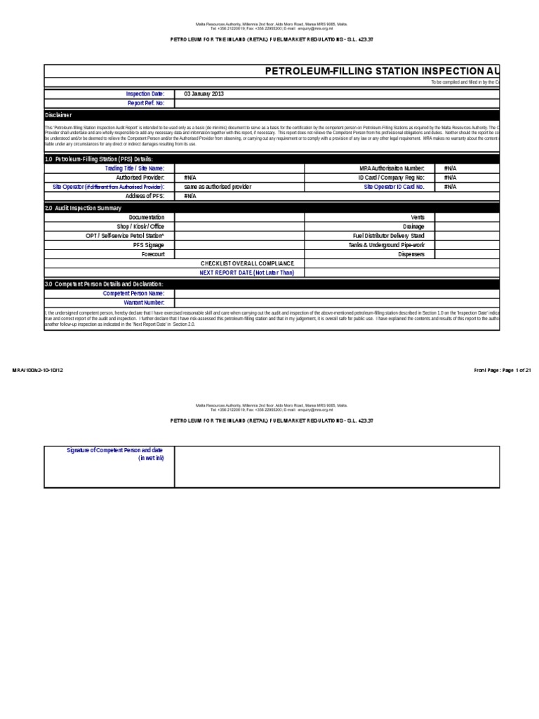 Petroleum Filling Station Inspection Audit Report v2.11 | PDF | Filling ...