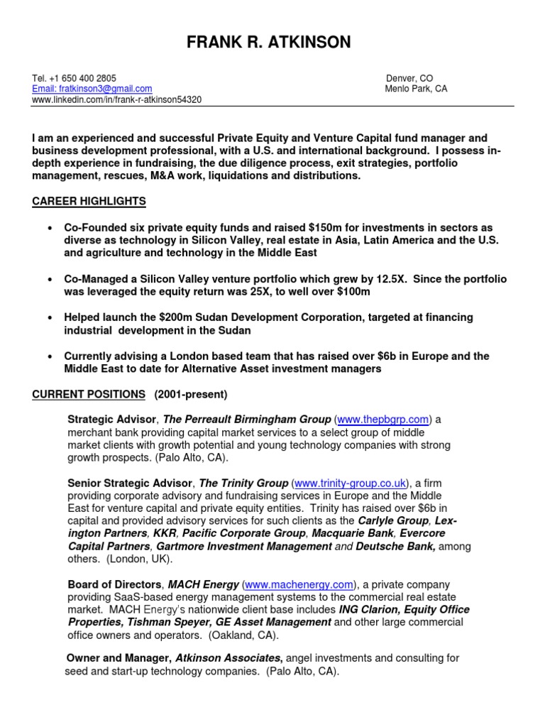 Private Equity Business Development in San Francisco CA Resume Frank ...