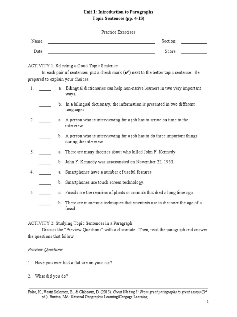 Unit 1 Introduction To Paragraphs Topic Sentence | PDF | Paragraph