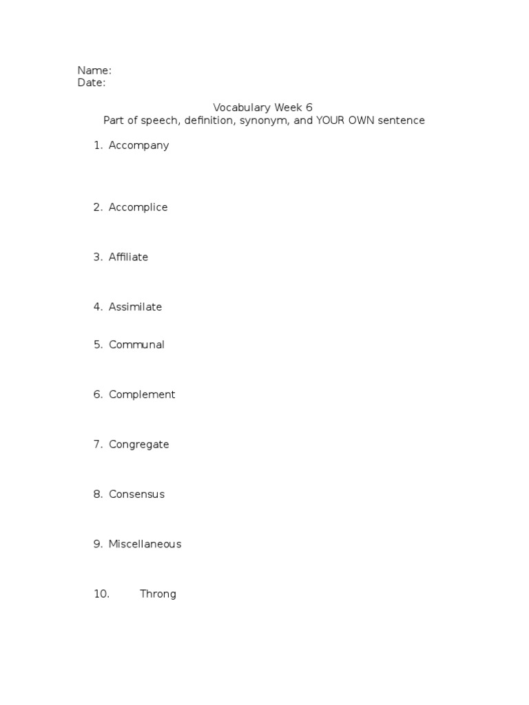 Vocabulary Week 6 | PDF