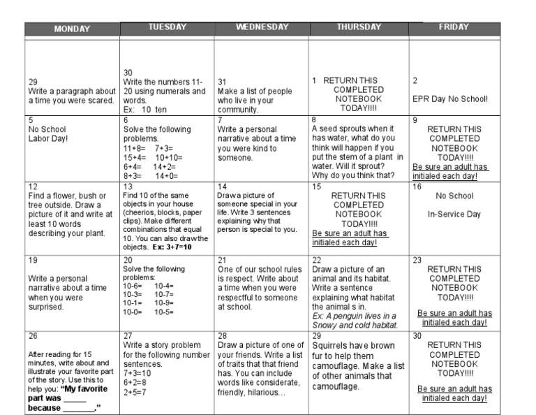 September Homework Calendar | PDF