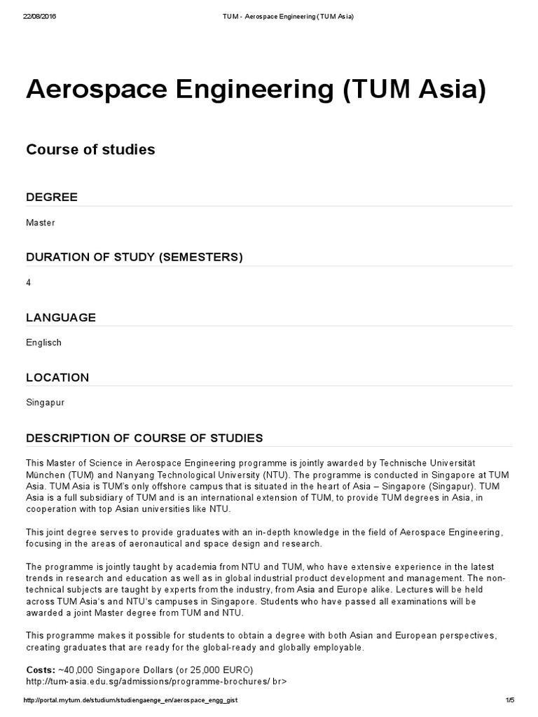 TUM - Aerospace Engineering (TUM Asia) PDF | PDF | Graduate School | Aerodynamics