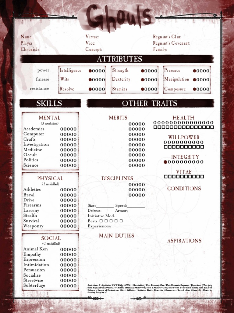 Blood and Smoke Ghoul Character Sheet PDF | PDF