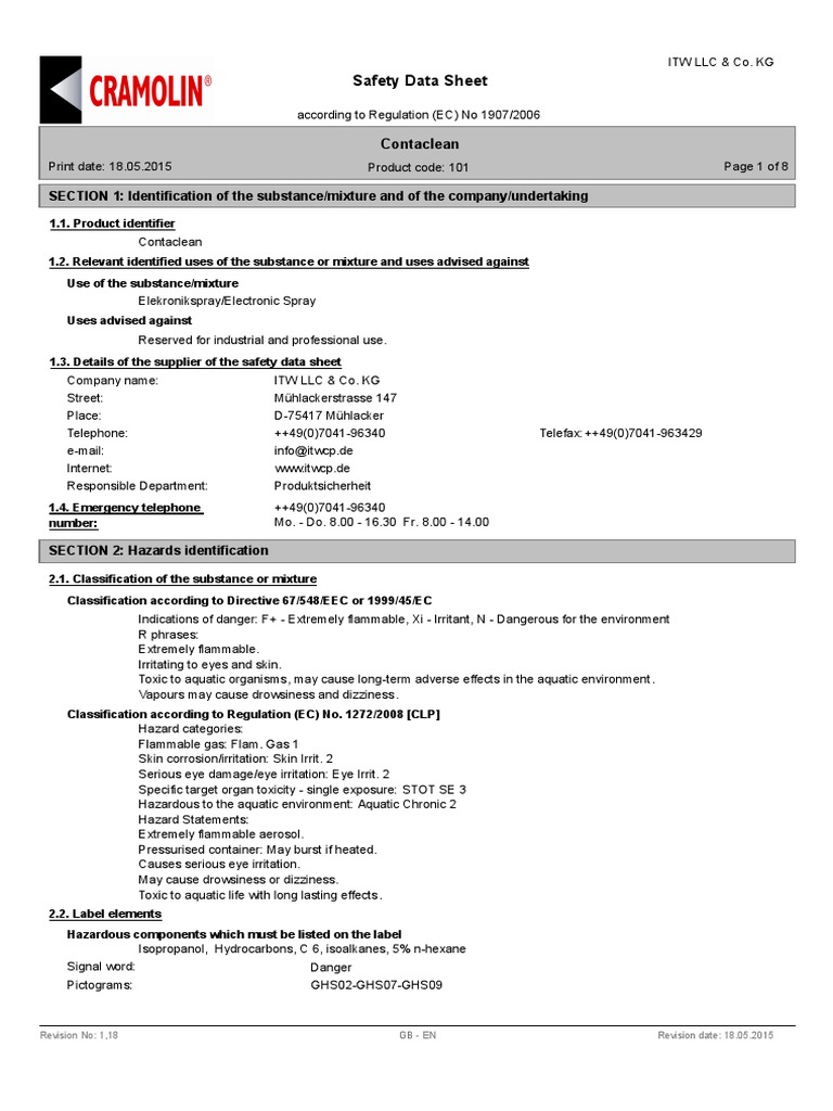 101 Cramolin Contaclean (E) PDF | PDF | Waste | Toxicity