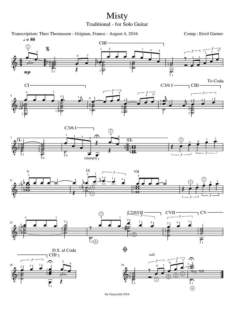 Misty - Comp. Errol Garner Transcr. Theo Thomassen 2016 | PDF