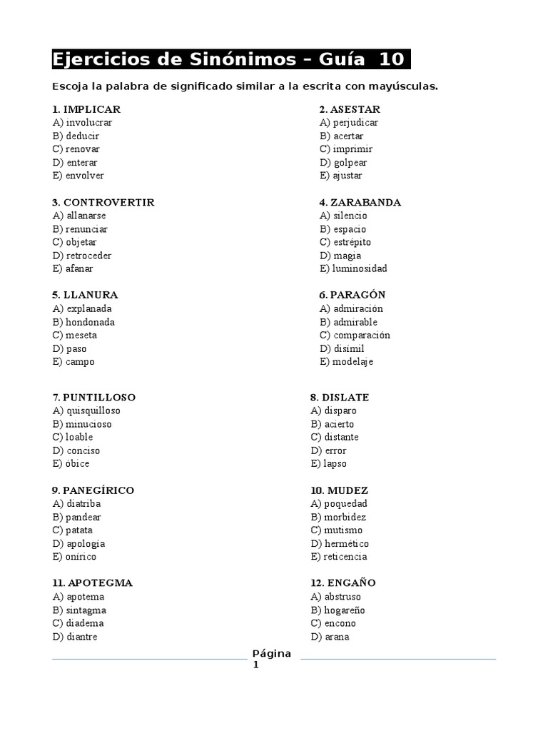 10 Ejercicios de Sinónimos