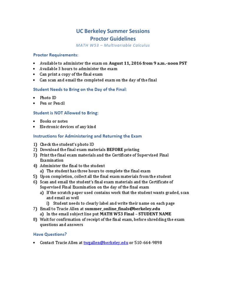 Proctor Guidelines For MATH W53 - 2016 PDF | PDF