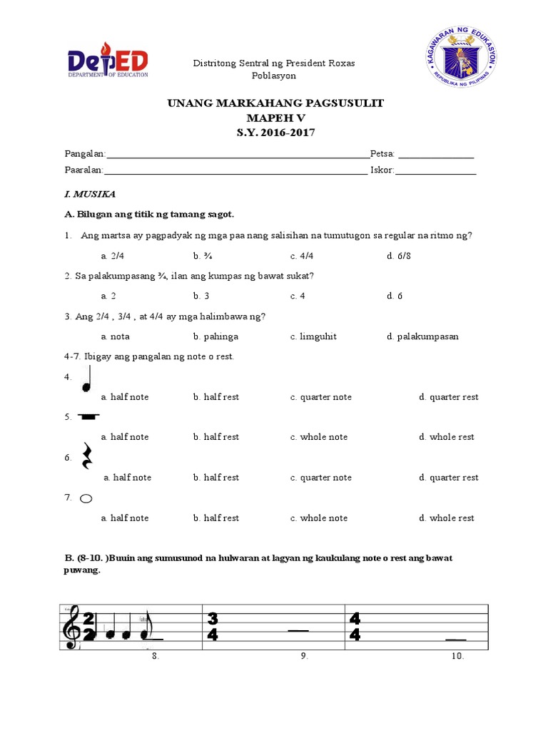 MAPEH 1st Grading Test | PDF
