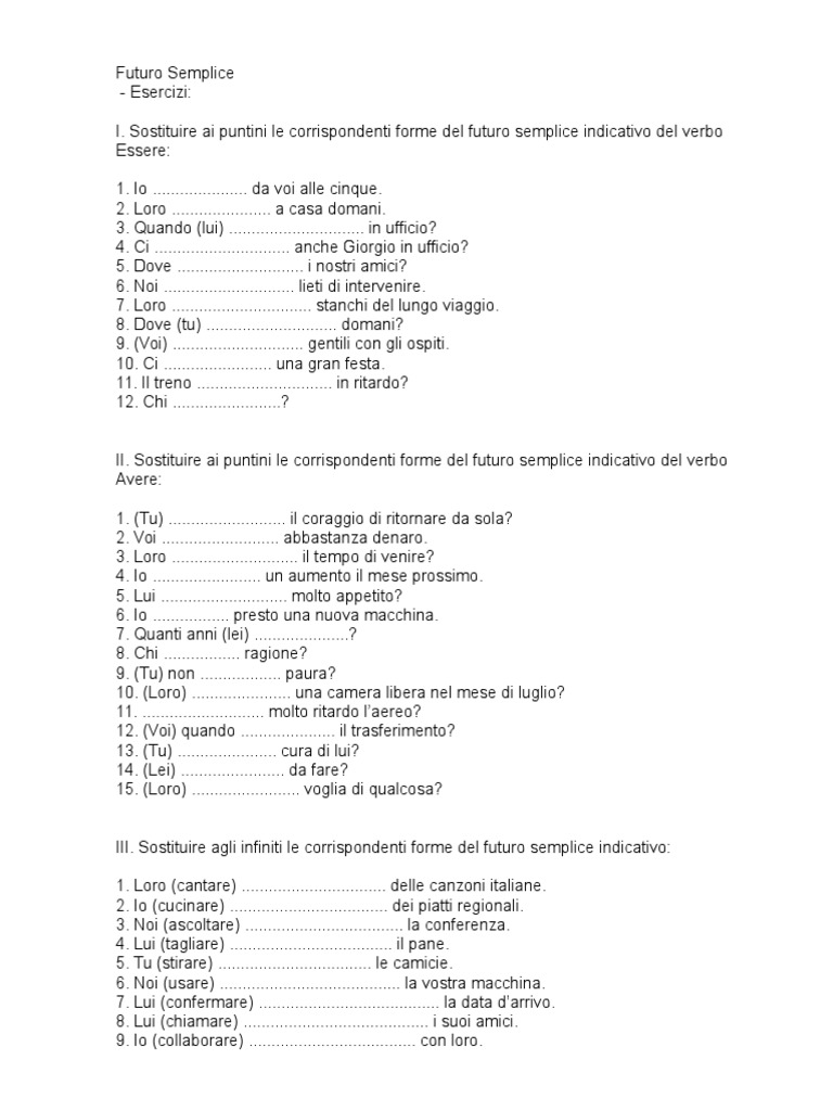 Futuro Semplice - Esercizi | PDF