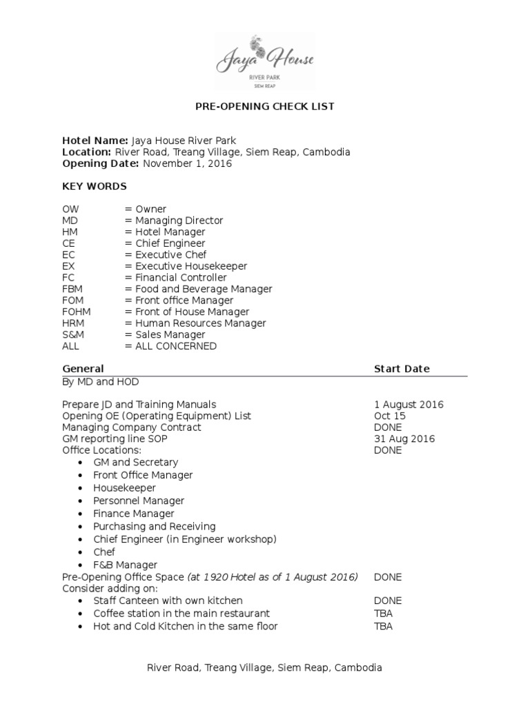 Pre-Opening Hotel Check List | Menu | Foodservice