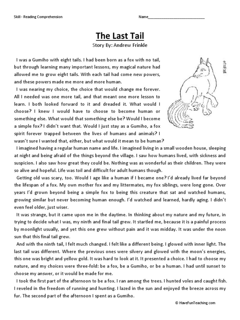 The Last Tail Fourth Grade Reading Comprehension Worksheet | PDF ...