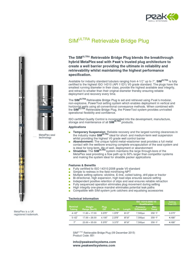 PEAK Simultra Retrievable Bridge Plug | PDF | Mechanical Engineering | Science