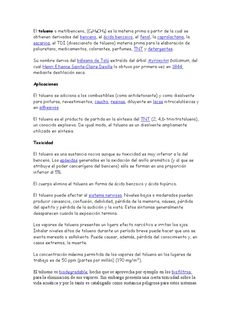 El Tolueno o Metilbenceno | PDF | Tolueno | Sustancias químicas