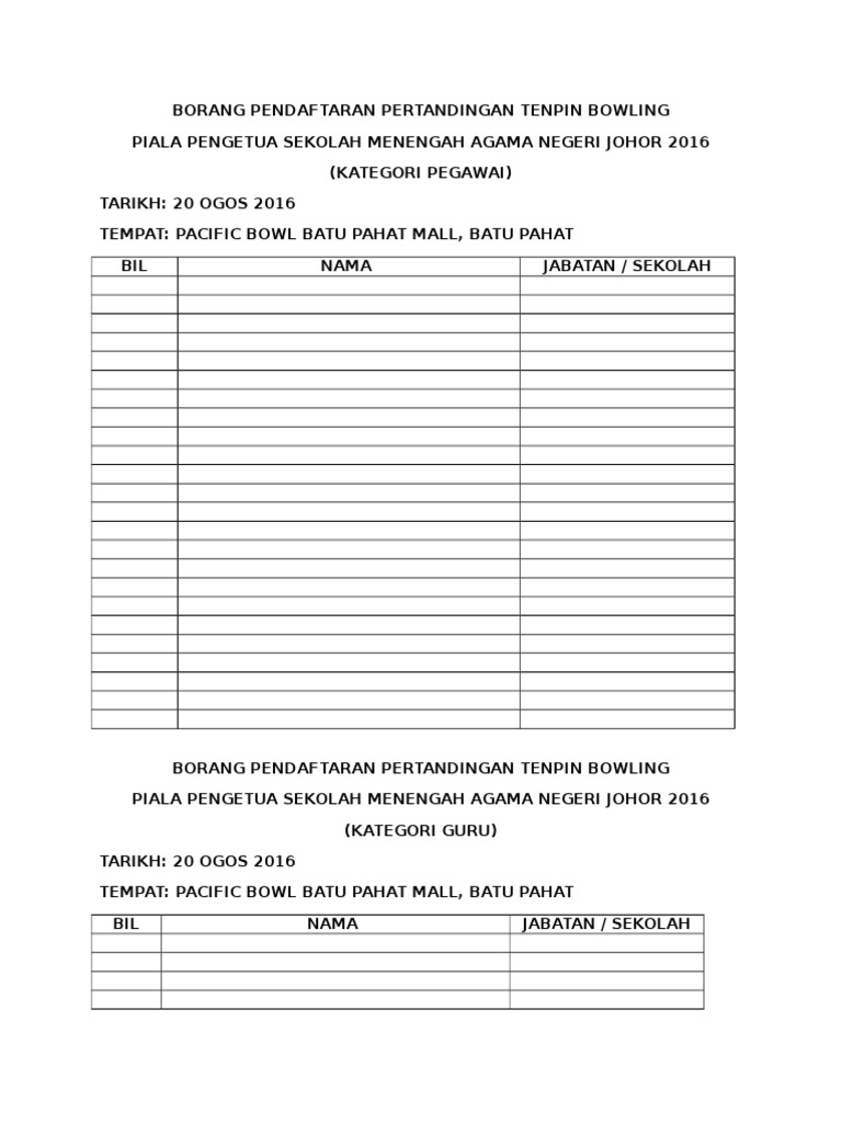 Borang Pendaftaran Pertandingan Tenpin Bowling | PDF
