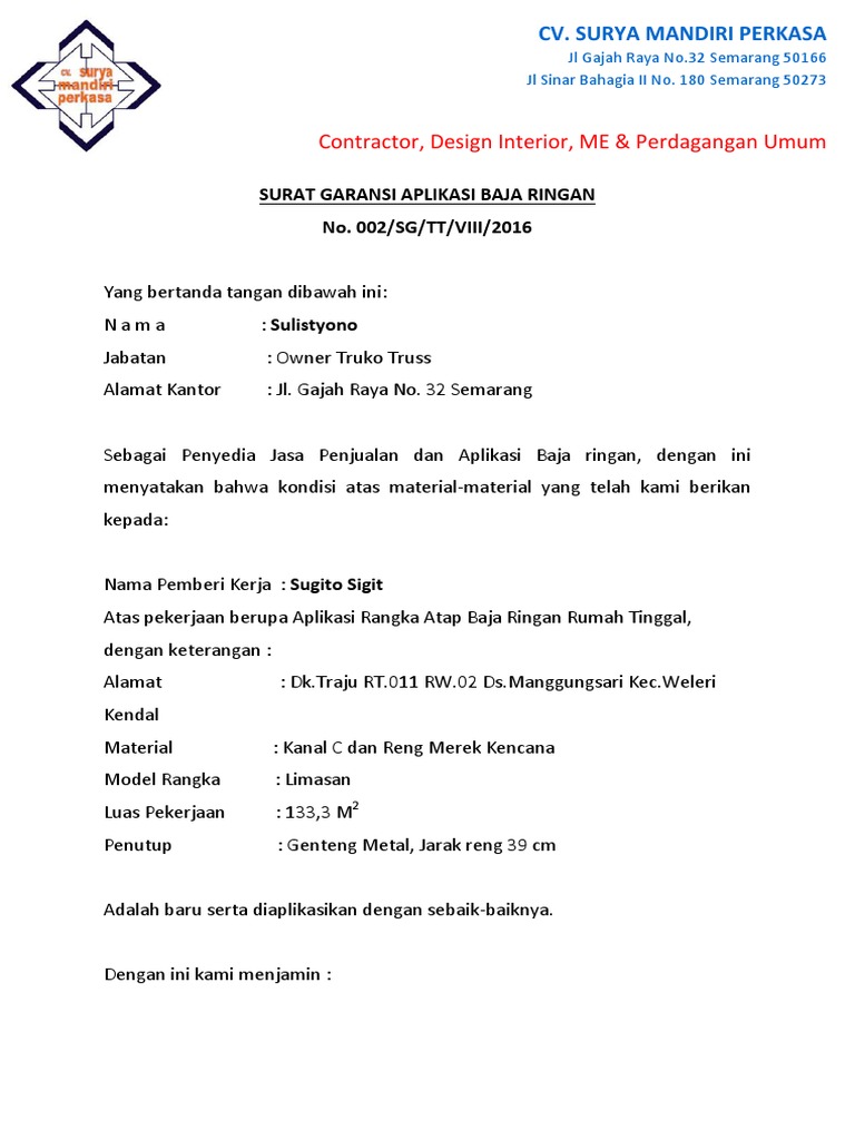 Surat Garansi Baja Ringan | PDF
