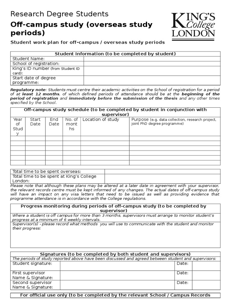Off Campus Study Form | PDF | Academic Degree | Thesis