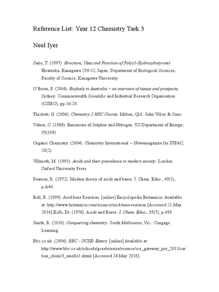 Reference List: Year 12 Chemistry Task 3 Neel Iyer | PDF