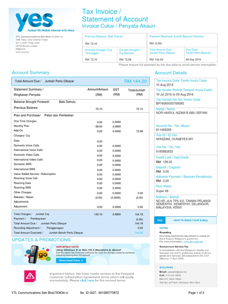 Tax Invoice / Statement of Account: Invoice Cukai / Penyata Akaun | PDF | Payments | Transaction ...